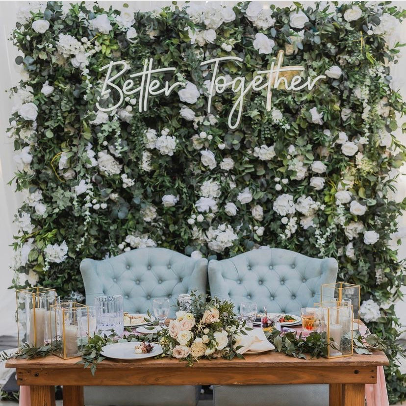 Christchurch Event Hire - Greenery & White Flower Wall & Neon Sign ...